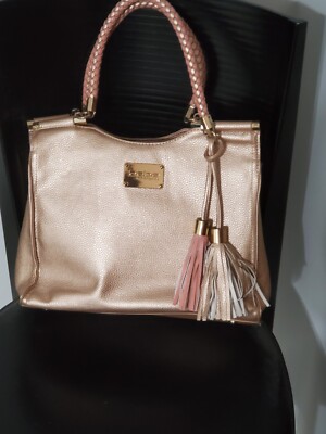 BEBE Natalie Rose Gold Metalic Tassel Satchel Purse Braided Handles ...