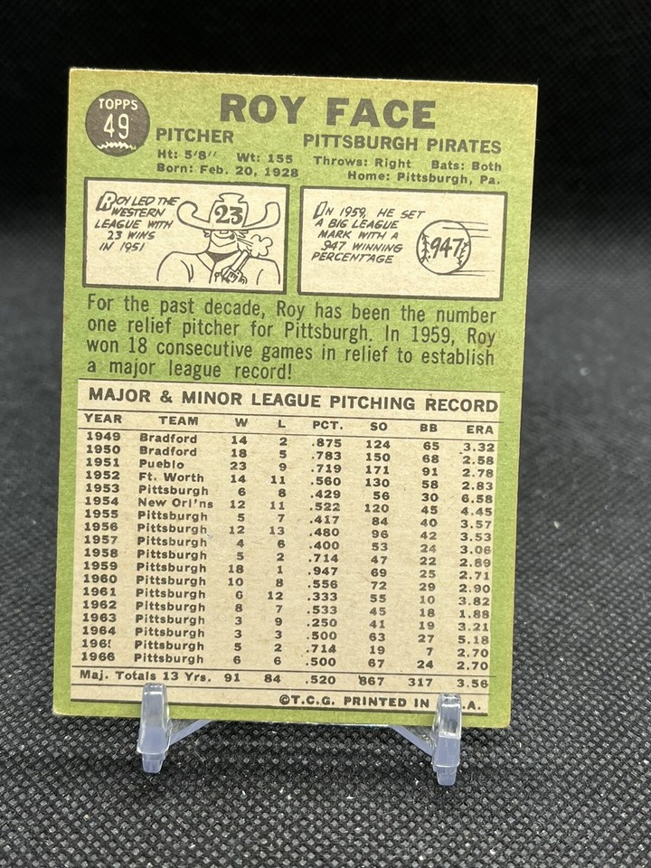 ROY FACE ⚾️ 1967 Topps #49 | Pittsburgh Pirates | eBay