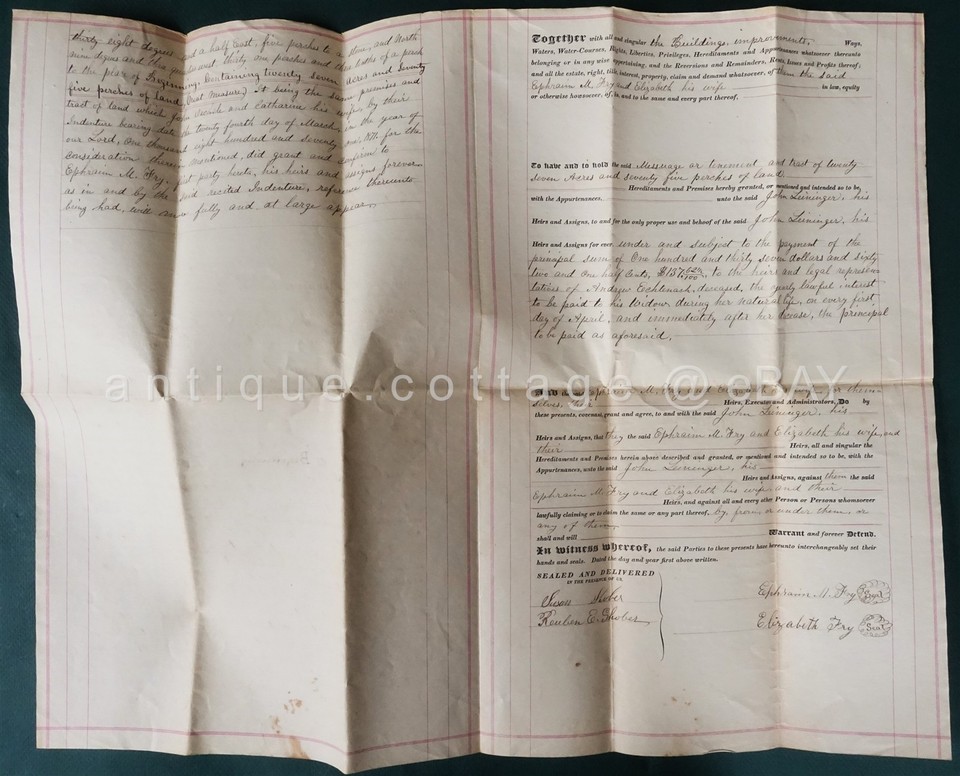 1874 antique DEED EPHRAIM ELIZABETH FRY to JOHN LEININGER brecknock ...