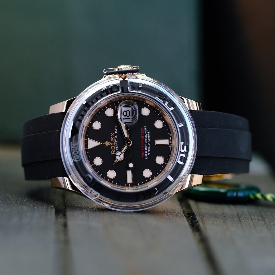 Rolex Yacht-Master 126555 18K Rose Gold Black Dial Oysterflex Unworn ...