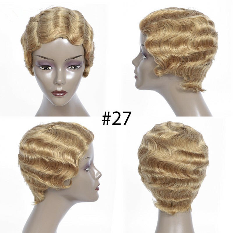 Finger Wave Wig Brazilian Short Pixie Cut Human Hair Wig Blonde Machine ...