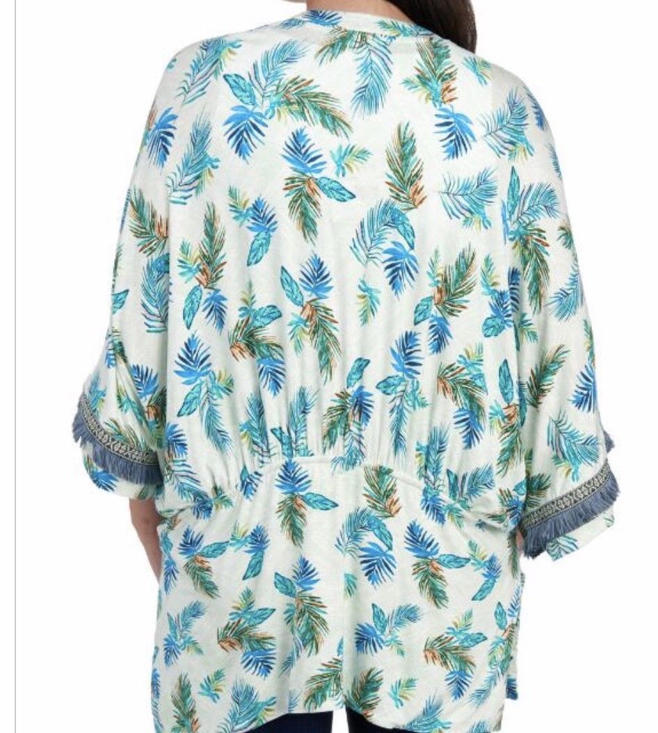 RXB Open Front Cardigan Kimono Stretchy 2X Turquoise Cover Up Tropical ...