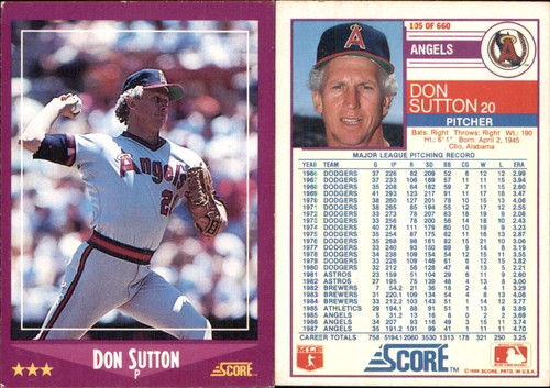 Don Sutton 1988 Score #105 Card California Angels FREE SHIP ...