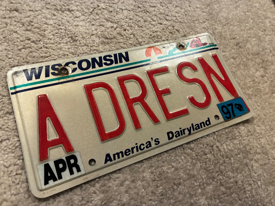 1997 WISCONSIN LICENSE PLATE VANITY A DRESN DRESON VAN DREASON WI LAST ...