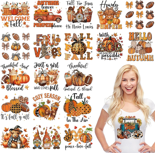 20 Sheets Fall Iron on Transfers for T-Shirts, Autumn Pumpkin DTF ...