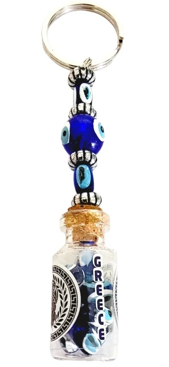 Greece Evil Eye Bottle Keychain Miniature Bead Filled Jar Souvenir ...