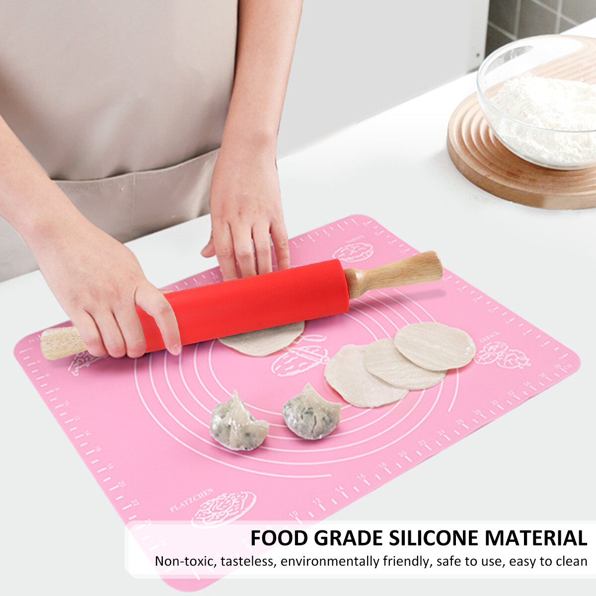 Rolling Pin Food Grade Silicone Non-Stick Fondant Roller Durable Wooden ...
