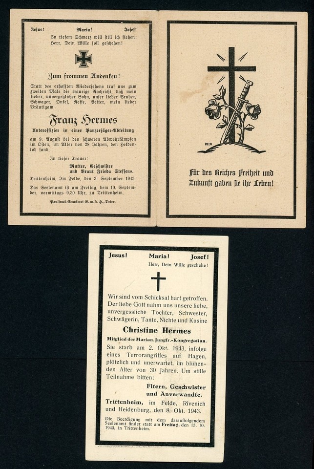 2 German WW2 Death Cards Brothers HERMES Both KIA Sister Killed By ...