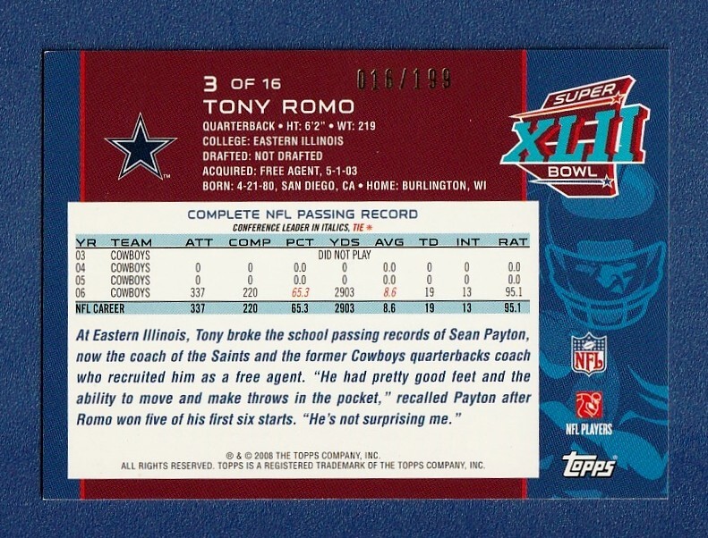 TONY ROMO 2007-08 Topps PROMO Super Bowl Black Parallel #3 Cowboys Card ...
