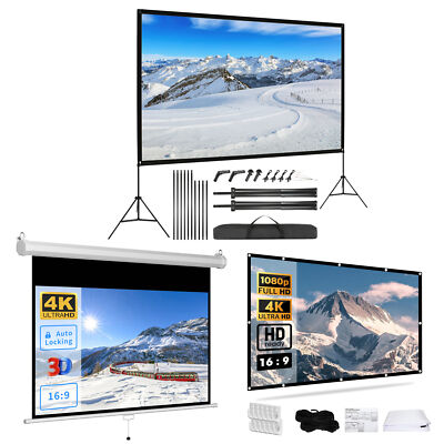 100" 120" Portable Projector Screen w/Stand Outdoor Pull Down 4K HD ...
