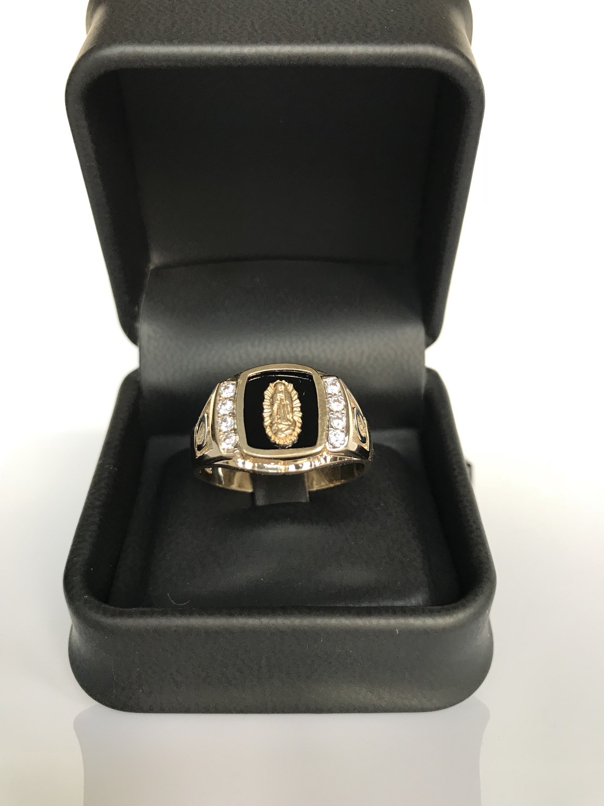 Men's 14k Solid Yellow Gold Virgin Mary Bold Guadalupe Ring Onyx & Cz ...