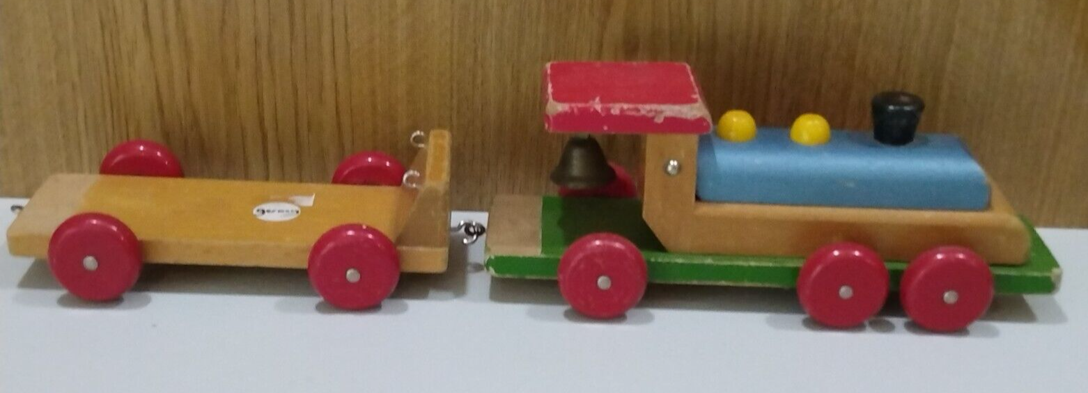 Vintage Wooden Train and Flatbed car Red Blue Green Black Made in ...