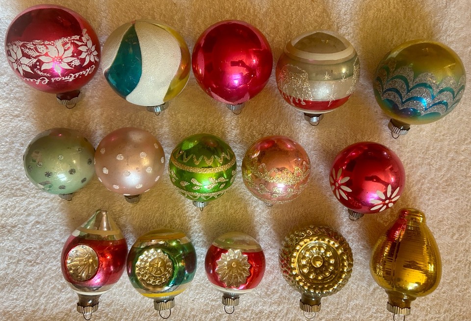 Vintage Shiny Brite Mica Glitter Indent Shapes Christmas Ornaments 15 ...