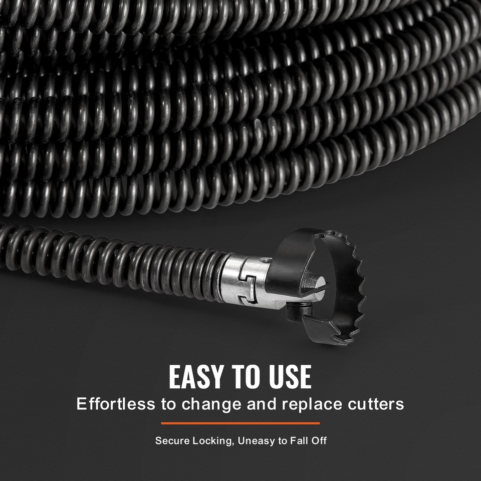 Uimoso Sectional Drain Cleaning Cable 100FTx5/8In & 7Cutters for 0.8"-3 ...