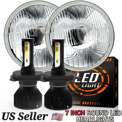 2PCS H4 Conversion 7" Round Glass Headlight Housing +H4 6000K LED High ...
