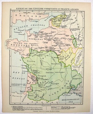 Vintage Longmans Map of English Conquests in France in the Year 1429 | eBay