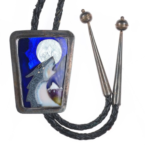 Vintage southwestern sterling silver enamel wolf howling at moon bolo ...