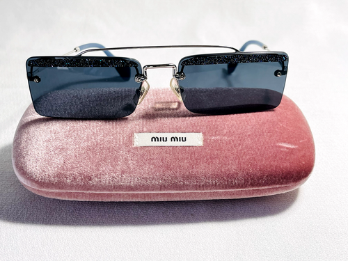 NEW! Miu Miu Smu 59T KJT-2K1 Blue/Silver Rectangle Glitter Sunglasses ...
