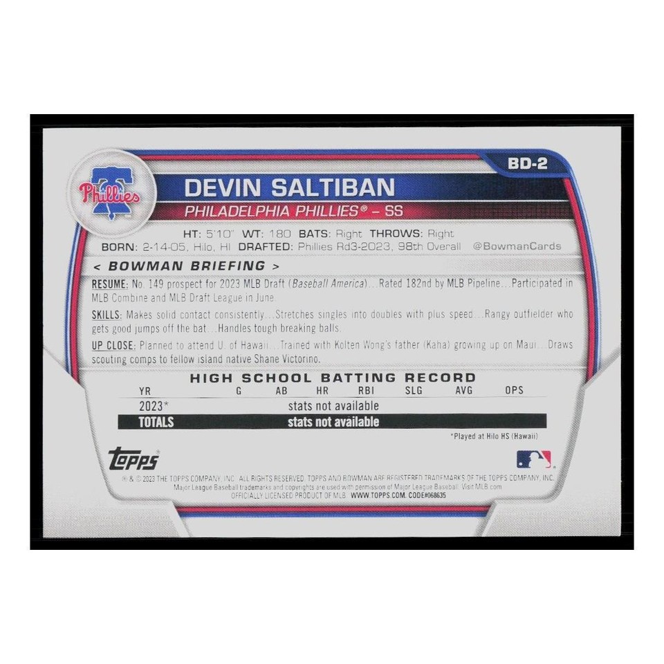 2023 Bowman Draft #BD-2 Devin Saltiban Rookie Phillies Baseball Card | eBay