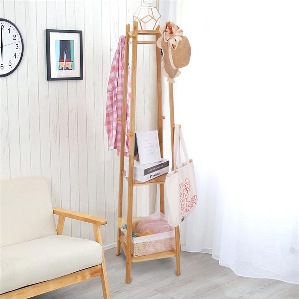 Wooden Tree Clothes Stand Coat Rack Corner Rail Handbag Hat Hanger ...