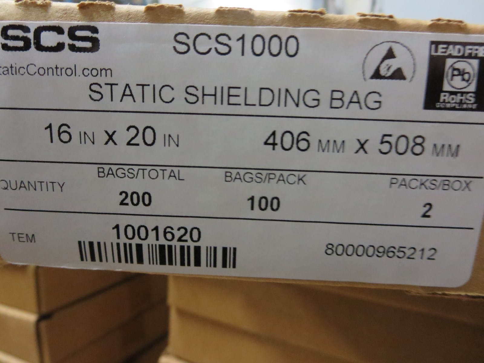 SCS, 1000 (1001620), Bag Static Shielding, 16" X 20", 200/Bx, NIB | eBay