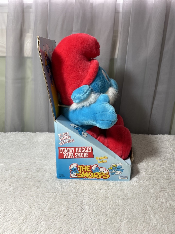 SEE🍄VIDEO VTG 1996 Toy Island The Smurfs Tummy Huggin Papa Smurf Plush ...