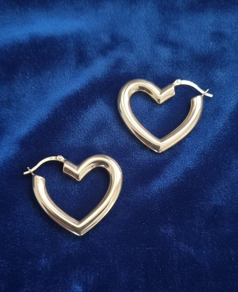 Gold on Sterling Silver Heart Hinged Hoop Earrings - 30mm Chunky Heart ...