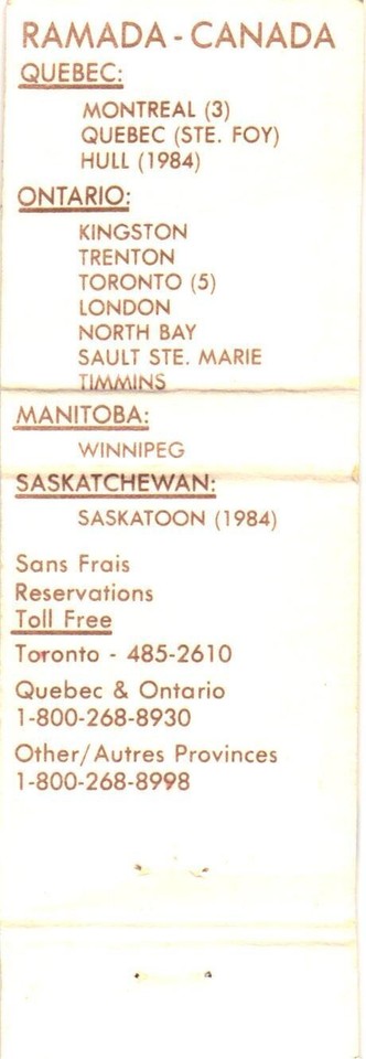 Quebec Ontario Manitoba Saskatchewan Canada Ramada Vintage Matchbook ...