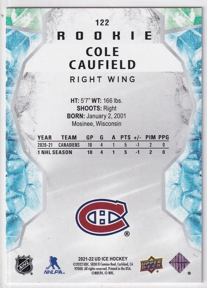 2021-22 Upper Deck Ice Orange #122 Cole Caufield RC - Montreal ...