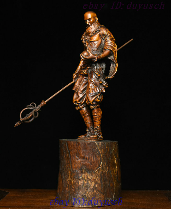 10" Old Chinese Buddhism Boxwood Wood Carving Warrior Monk Arhat Buddha ...