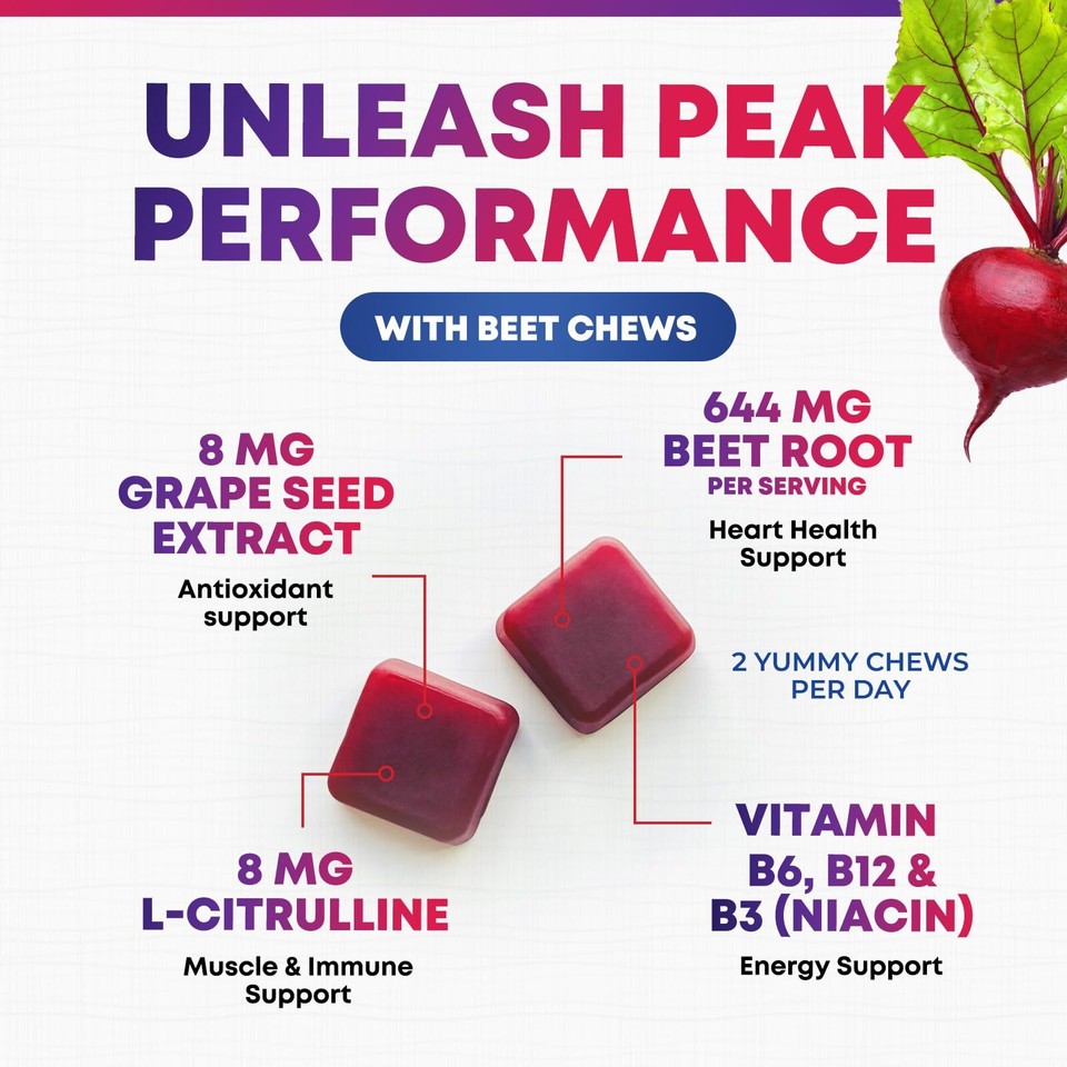 Beet Chews - Soft Beet Root Chewables with Grape Seed Extract Supports ...