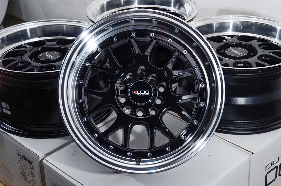 Kudo Racing Fatal 15x8 5x100 5x114.3 Low Offset Black w/Polished Lip ...