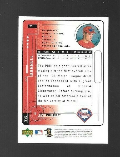 1999 Upper Deck MVP Pat Burrell Rookie Card #157 Philadelphia Phillies ...