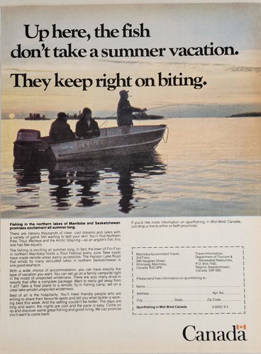 1975 Print Ad Manitoba Government Travel Canada Men Fishing in Boat on ...