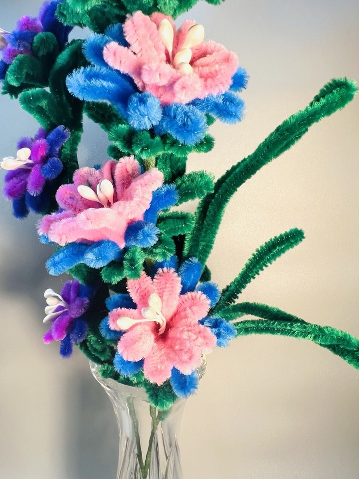 Pipe Cleaners Flowers Bouquet In The Crystal Vase 16” Handmade | eBay
