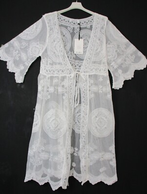 Ladies Long Line Lacy 0pen Front With Ties Cover Up Duster Cardigan One ...