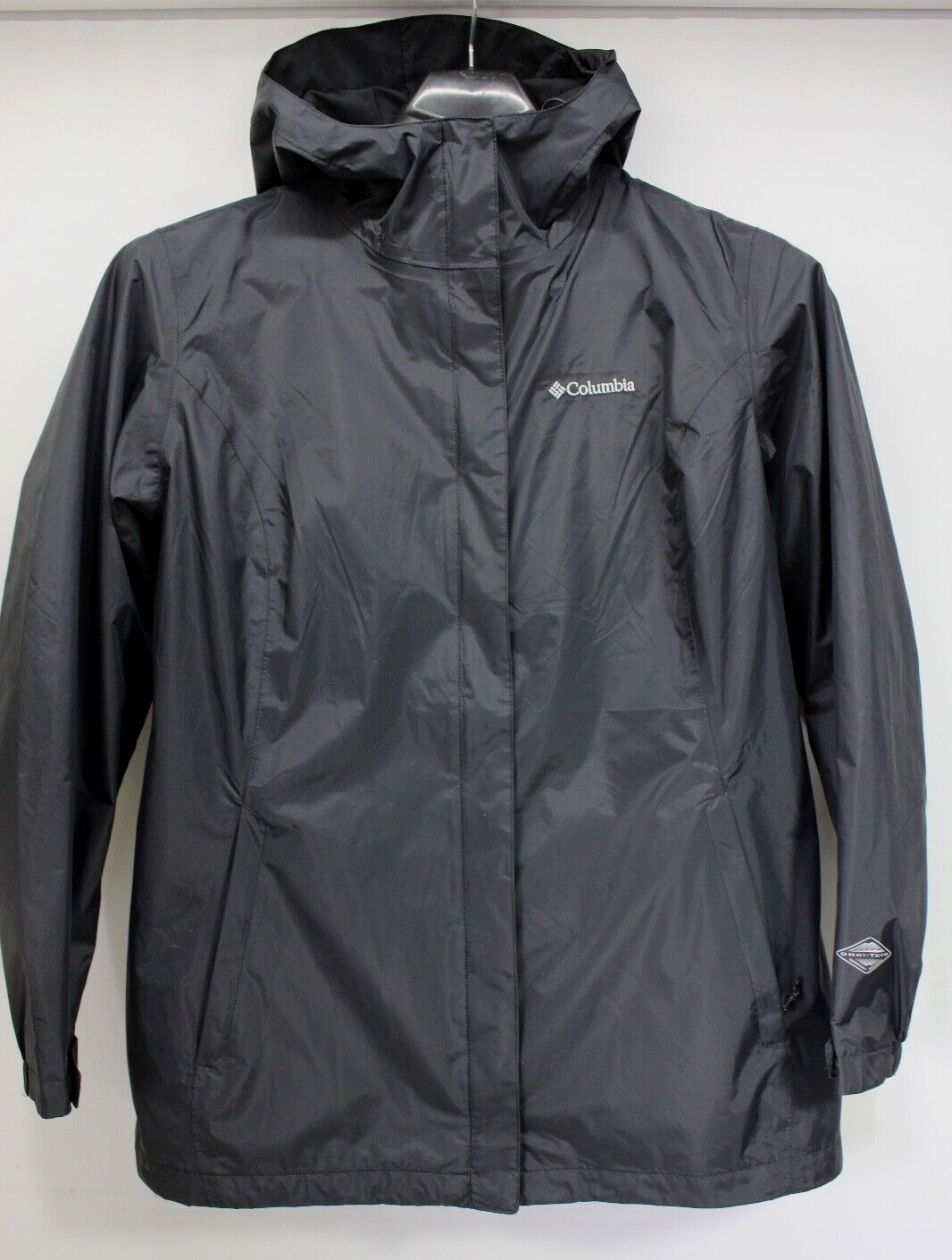 COLUMBIA OMNI-TECH WATERPROOF BREATHABLE HOODED BLACK RAIN JACKET WOMEN ...