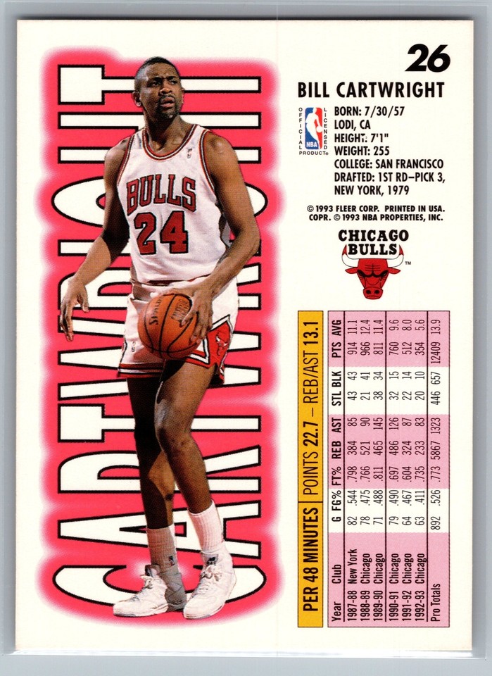 1993 Fleer #26 Bill Cartwright Basketball Chicago Bulls | eBay