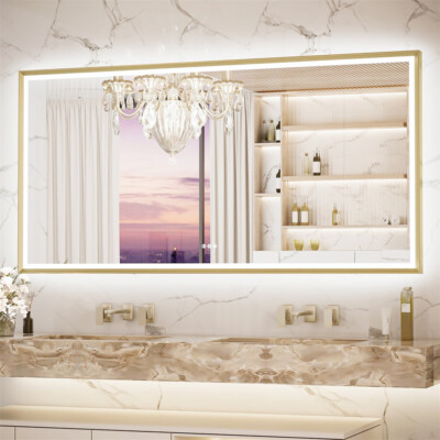 Extra Large LED Bathroom Mirrors Front Light Gold Aluminum Framed ...