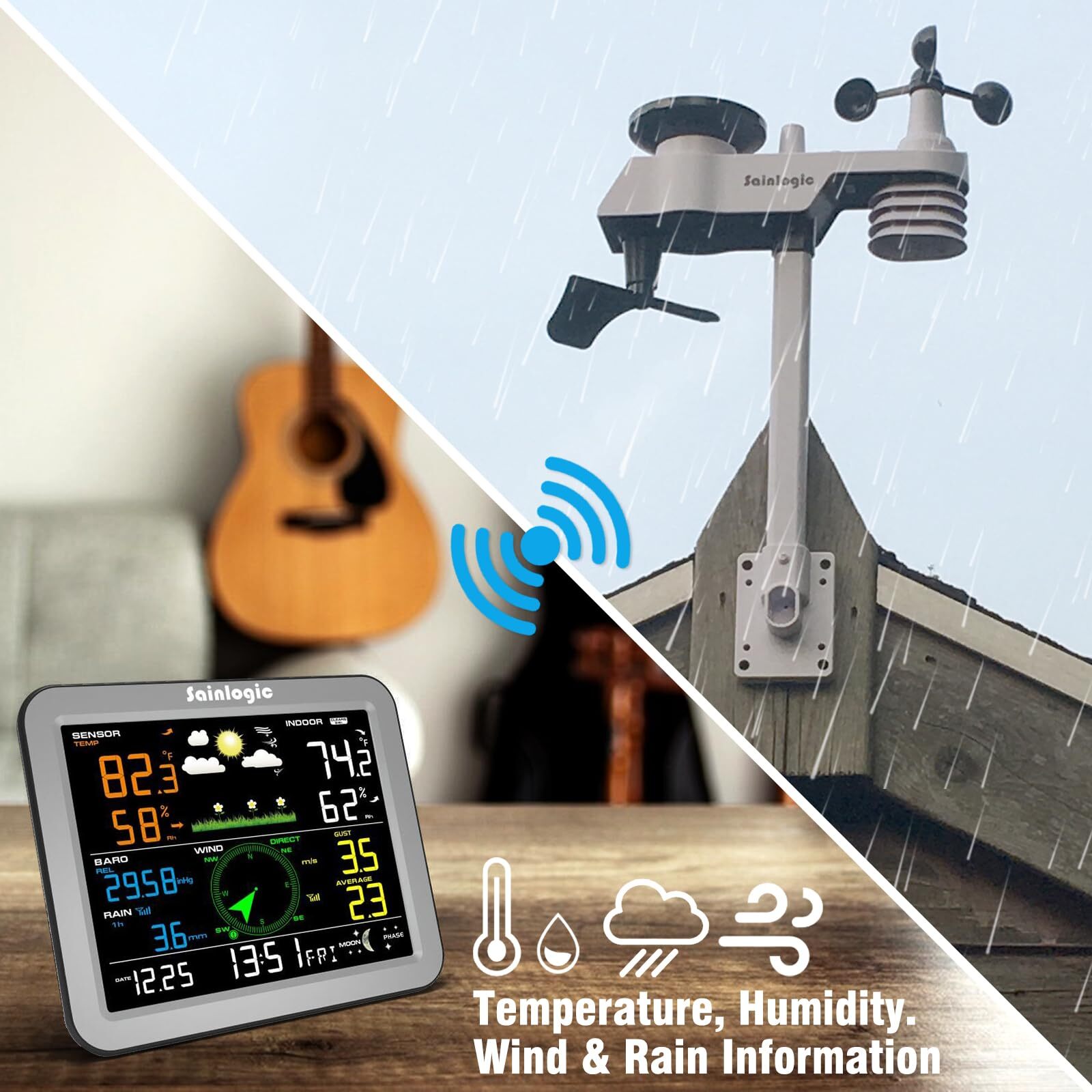 Weather Station Wireless Indoor Outdoor Weather Station With Rain Gauge ...