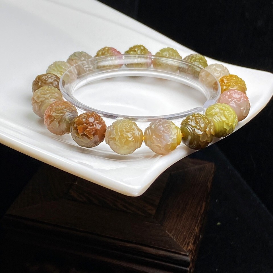 11.3mm Natural Color YanYuan Agate Quartz Crystal Carved Beads Bracelet ...