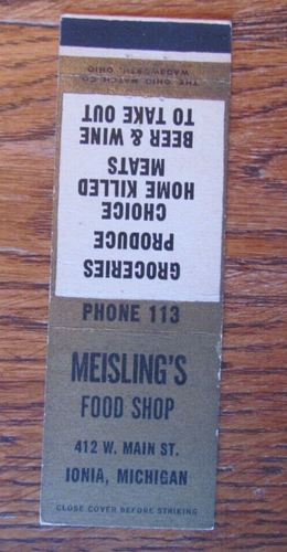 OHIO MATCH MATCHBOOK COVER: MEISLING'S FOOD SHOP IONIA, MICHIGAN ...