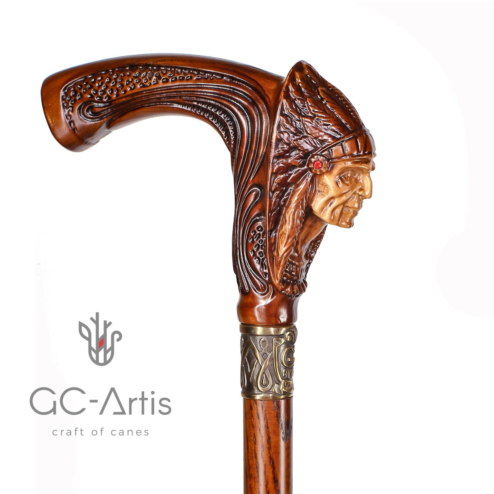 Wooden Walking cane Indian Chief stick Hand Carved Wood Crafted for men ...