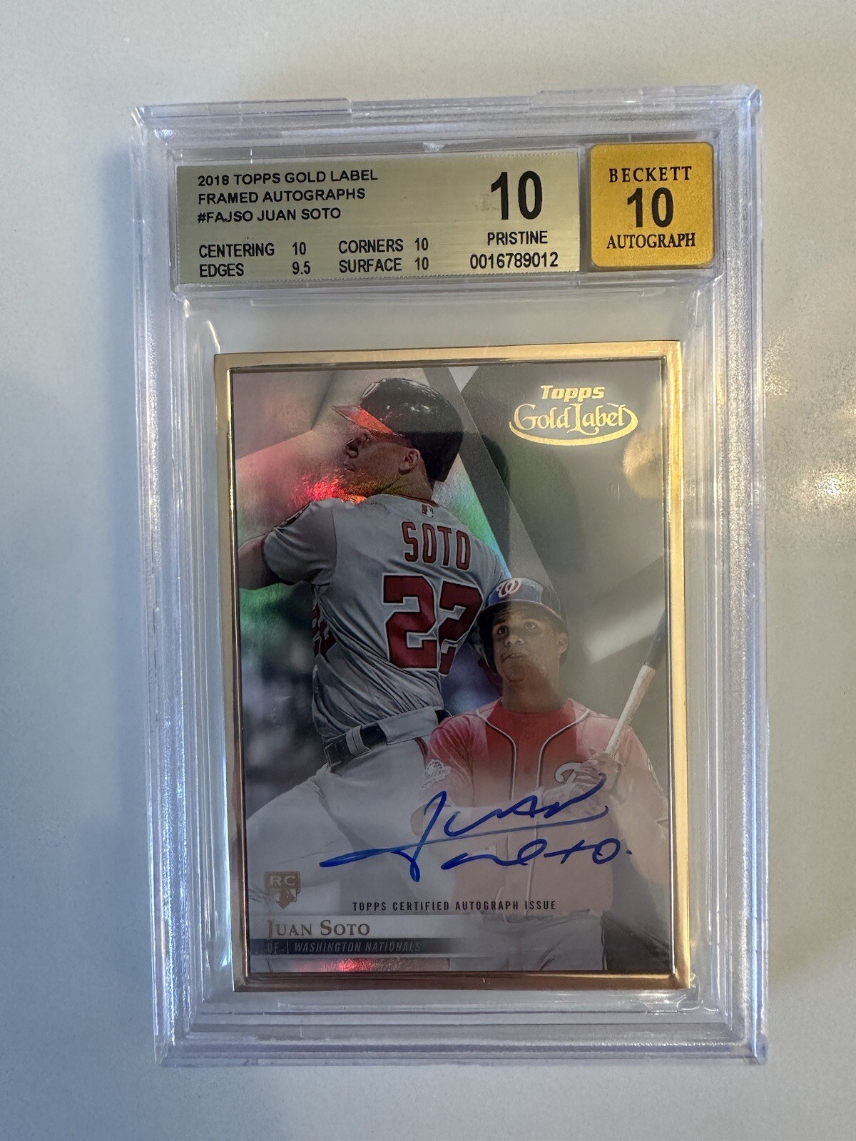2018 topps gold label framed auto #FAJSO Juan Soto Rookie Autograph BGS ...