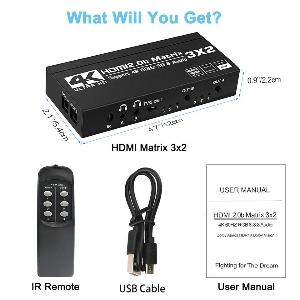 3X2 HDMI 2.0 Matrix Switch 3 in 2 Out 4K 60Hz Matrix Splitter mit SPDIF ...