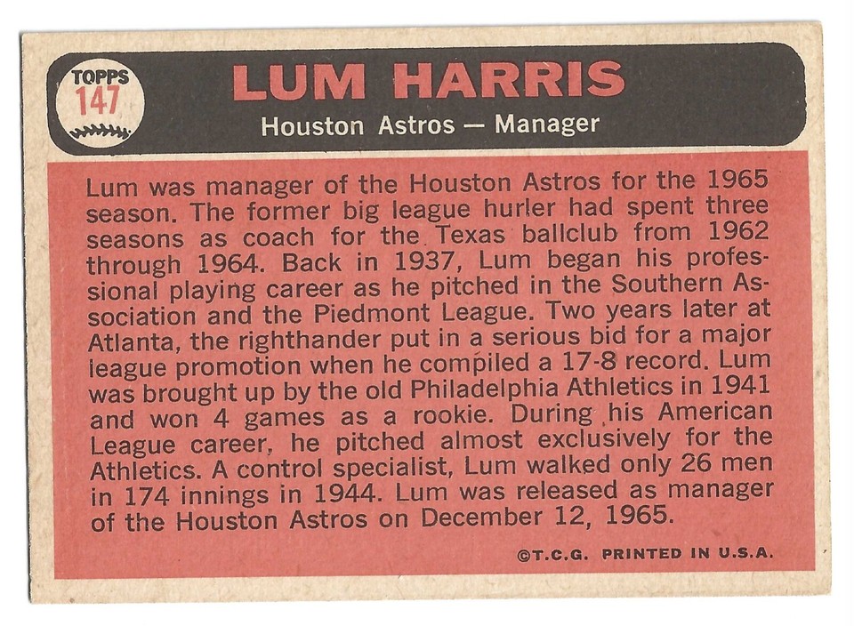 1966 Topps Baseball Lum Harris #147 MGR | eBay