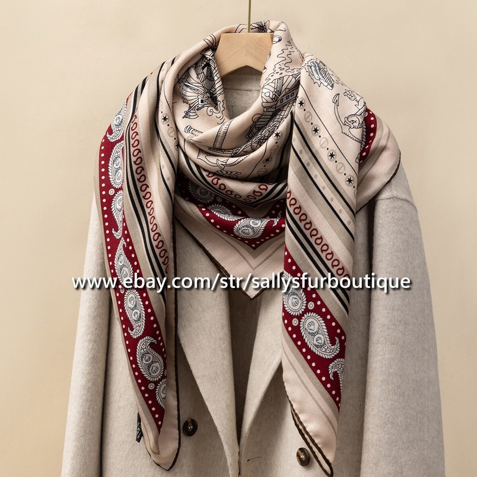 Sallys 70% Cashmere 30% Silk Wrap Scarf Boat Horse Print Double Face ...