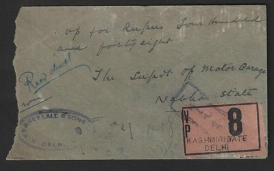 India 1922 single franked VPP (Value Payable) On Postal Service cover ...