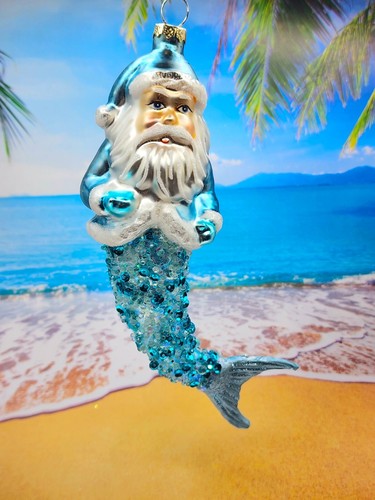 Santa Merman Mermaid Glass Ornament Mystical Ocean Beach Sea Nautical ...