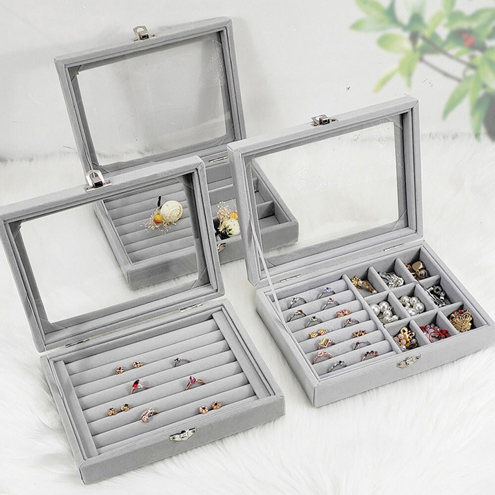 Velvet Ring Organizer Box Jewelry Show case Storage Cases Display Tray ...